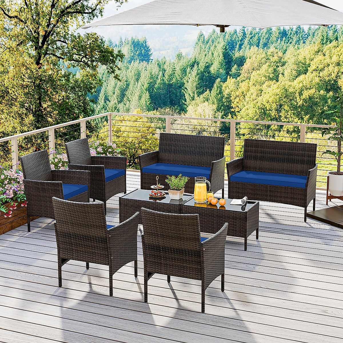 HAPPYGRILL 8 Pieces Outdoor Rattan Conversation Set, Patio Wicker Furniture Set with Loveseat Chairs & Tempered Glass Coffee Table, Outside Sectional Sofa Set for Backyard, Garden Poolside