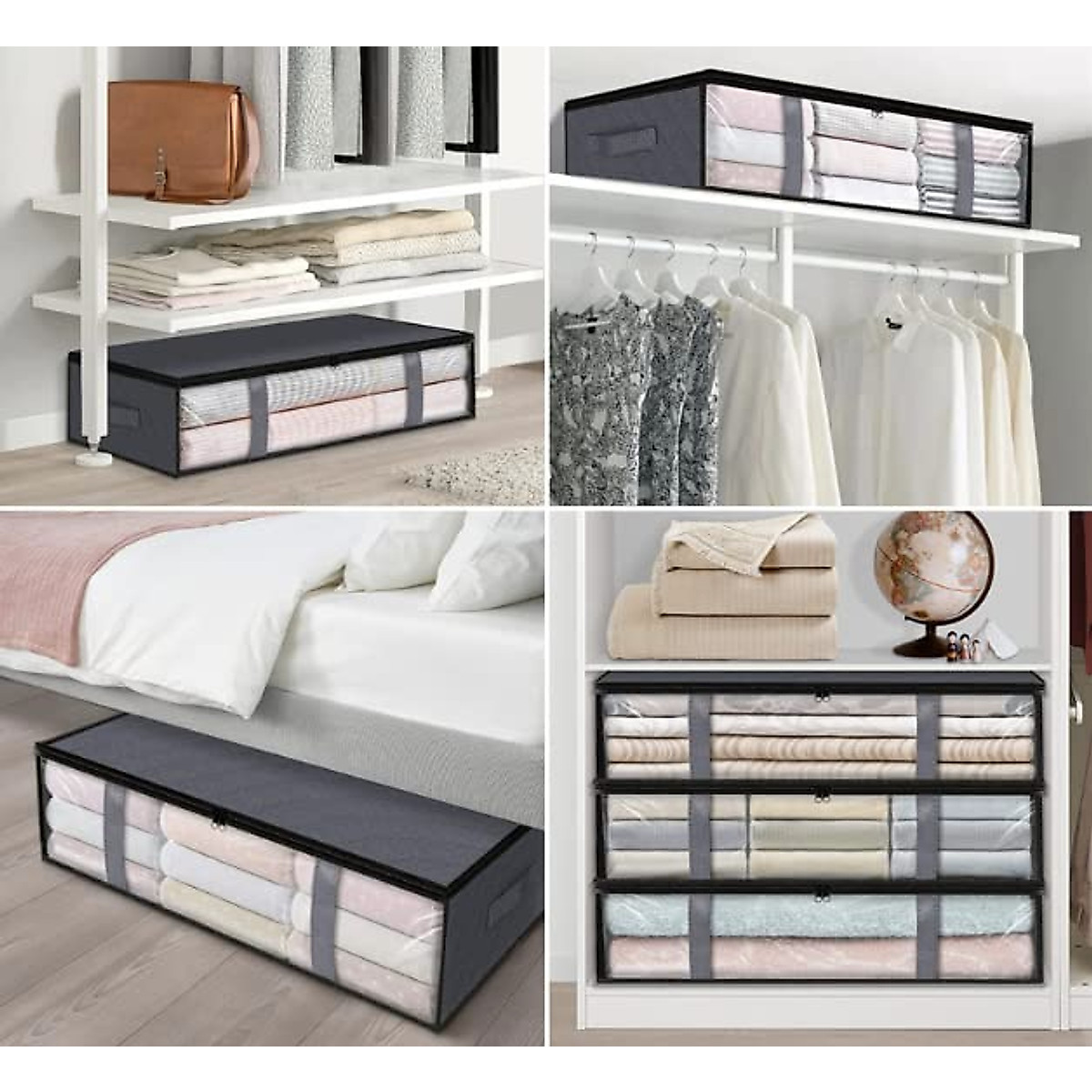 HIPIHOM Underbed Storage Containers, Foldable Under Bed Storage Bags Large Capacity Under-Bed Storage Bins for Blankets, Clothes, Sweaters Comforters with Handles Visible Clear Window, Grey 4 Pack