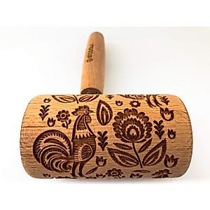 Engraved Mini Rolling Pin with Pattern for Embossed Cookies (FOLK ROOSTER)