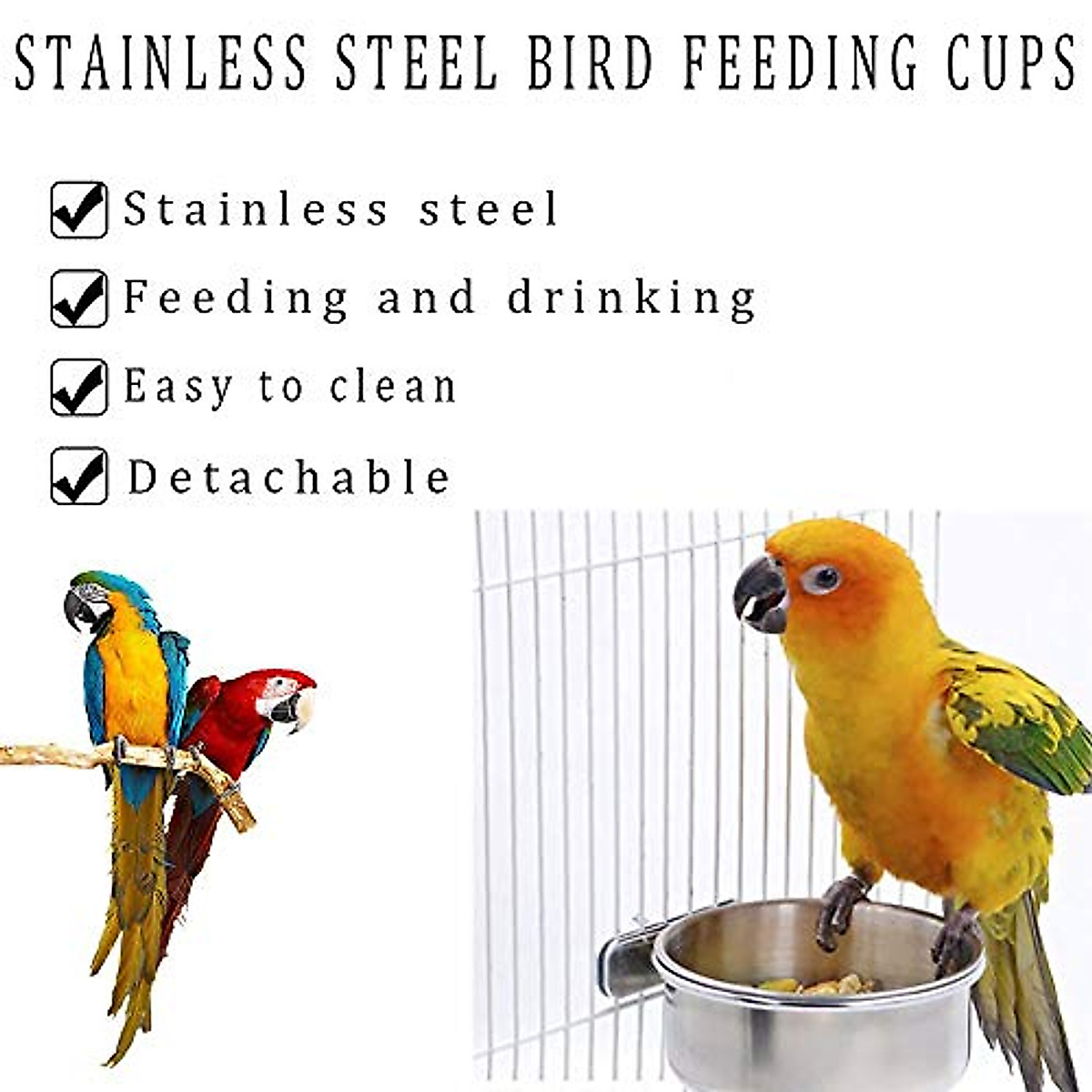 kathson 2 Pack Bird Feeding Cups with Clamp Holder, Parrot Food & Water Cage Hanging Bowl Stainless Steel Coop Cup Dish Feeder for Parakeet Cockatiels Conure Budgies Lovebird Finch