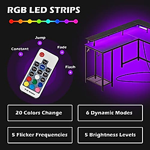 SUPERJARE L Shaped Gaming Desk with Power Outlets & LED Lights, Computer Desk with Monitor Stand & Storage Shelf, Home Office Desk Corner Desk with Hooks, Black