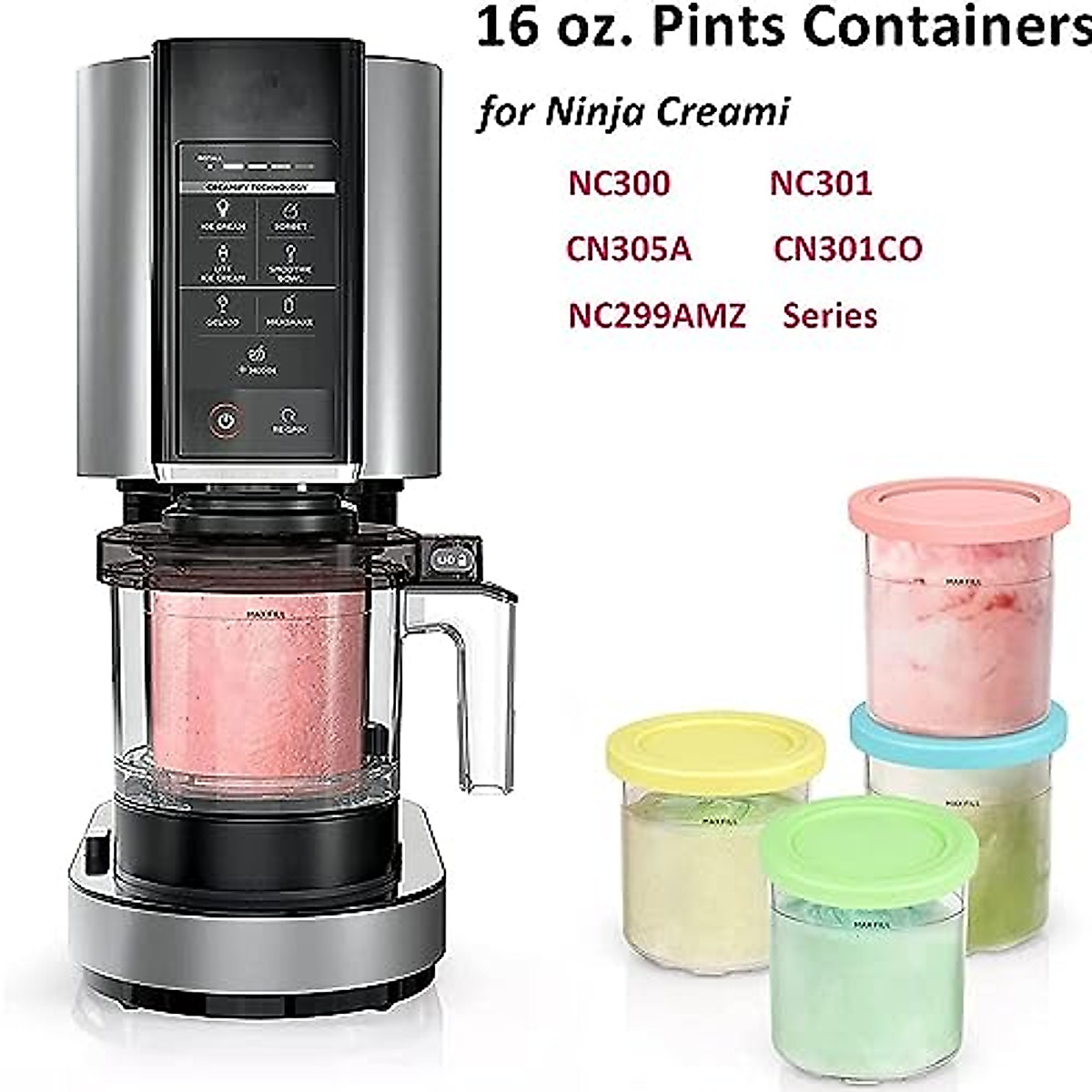 UNDR 2/4/6PCS Creami Pints and Lids, for Extra Bowl for Ninja Creamy,16 OZ Pint Ice Cream Containers with Lids Reusable,Leaf-Proof for NC301 NC300 NC299AM Series Ice Cream Maker,Pink-4PCS