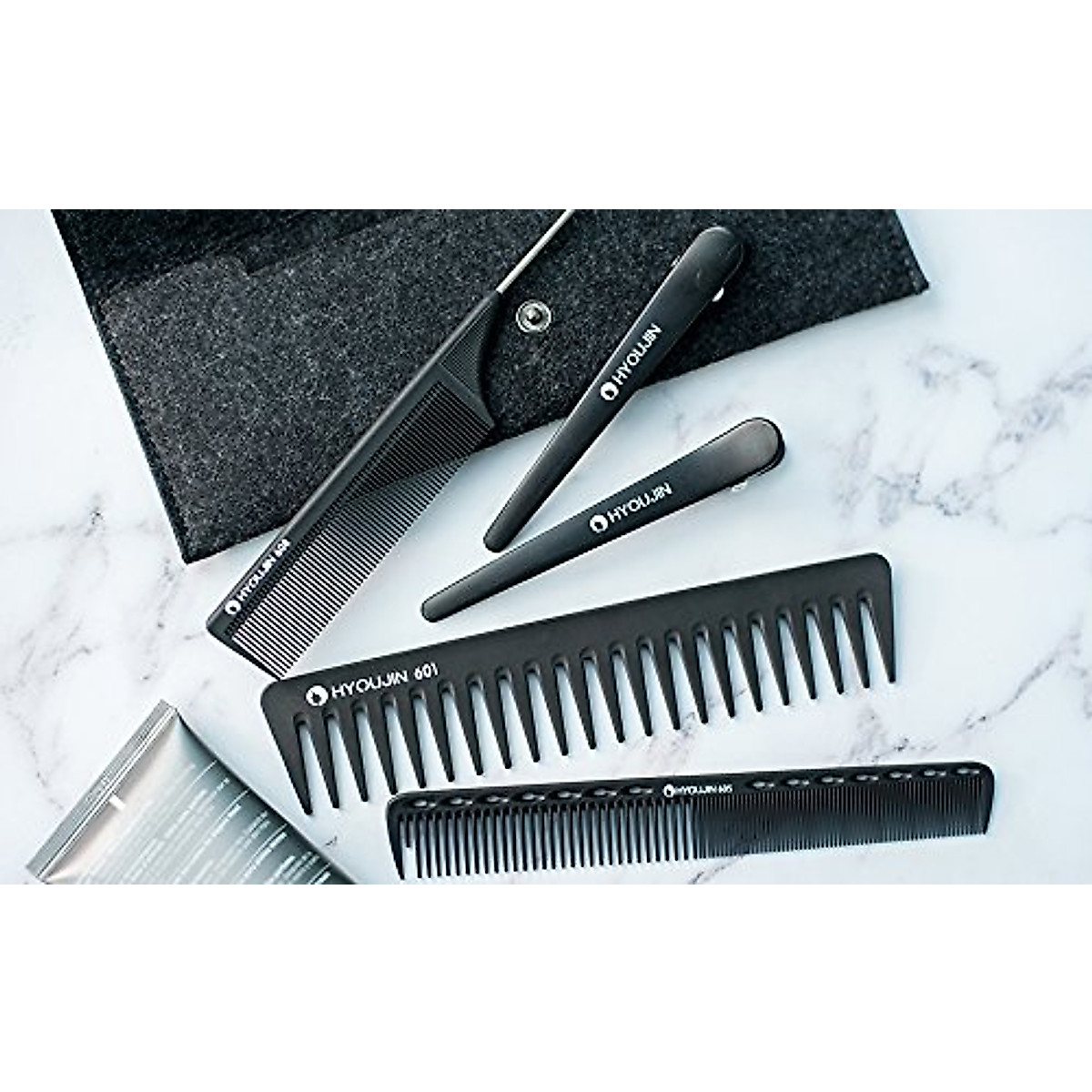 HYOUJIN 7 pcs Hair Comb Set Rat Tail Parting Combs Carbon Wide and Fine Tooth Comb Brush Cutting Comb Professional Styling Hair Combs for Women,Men Accessories with Clips