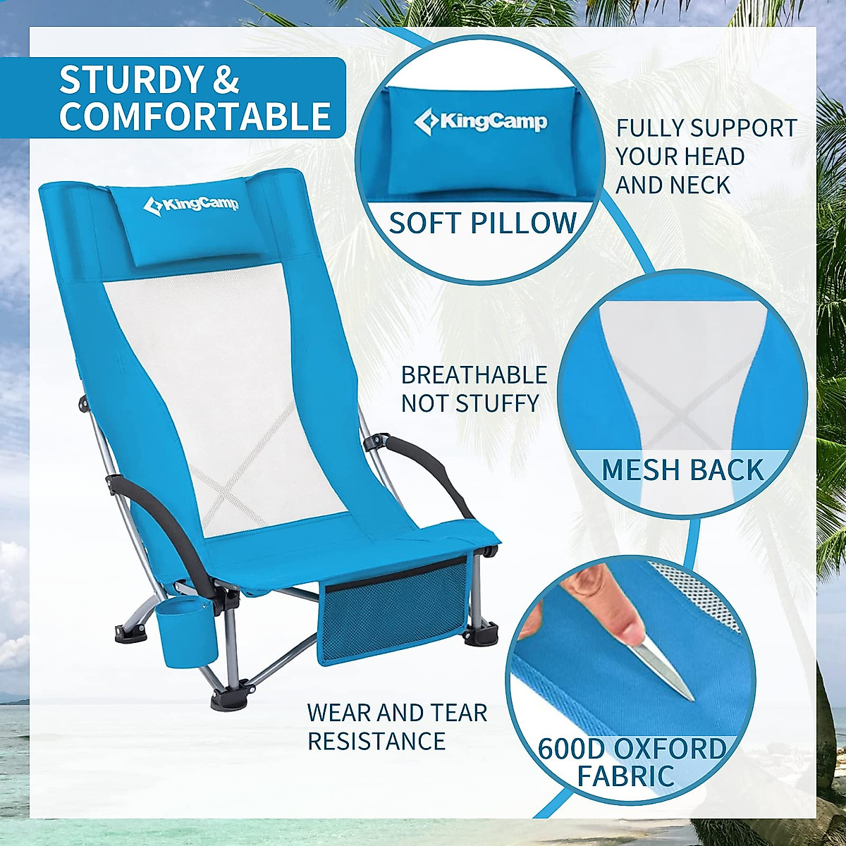 KingCamp Folding Beach Chair 2 Pack High Back Lightweight Portable Backpack Chair with Headrest, Cup Holder for Camping Outdoor Sand Concert Lawn Festival Sports, Blue