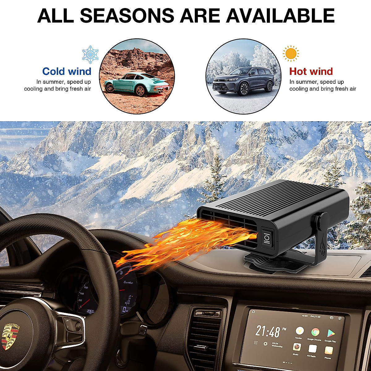 【 New upgrade】Portable Car Heater,Auto Heater Fan, Car Windshield Defogger Defroster, 2 in1 Fast Heating or Cooling Fan, 12V 150W Auto Ceramic Heater Fan Plug in Cig Lighter (Premium black)