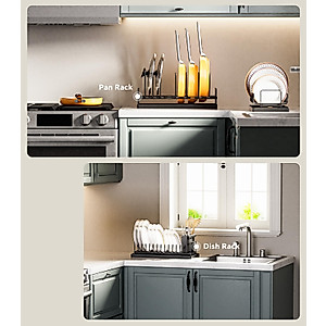 TEEVOGO 5-in-1 Set, Dish Drying Rack for Kitchen Counter, Pots and Pans Organizer, Pot lid Organizer, Dish Drying Mat with 8 Adjustable Dividers, a Cutlery Holder, for Dishes, Pans, Pot Lids, Cups