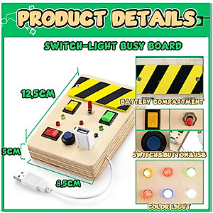 TEUVO Light Switch Busy Board Toy Montessori Toy Wooden Button Busy Board for Kids Aged 1 2 3 4 5, Toddler Sensory Board Toy Control Panel Kids Activity Button Toy Educational Gifts for Boys Girls