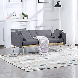 ERYE Modern Futon Sofa Loveseat Convertible Sleeper Couch Bed for Small Space Apartment Office Living Room Furniture Sets, Upholstered Love Seat Sofabed, Gray Velvet Tufted with 2 Cupholders