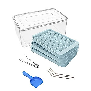 EWRITN Ice Cube Tray, Round Ice Ball Maker for Freezer,Circle Ice Trays Making 99pcs with Sphere Ice Balls Chilling Drinks （3Pack Blue Trays, 3 Steel Metal Straws,1 Ice Bucket Scoop & Tong）