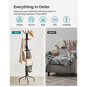SONGMICS Coat Rack Freestanding, Metal Coat Rack Stand with 12 Hooks and 4 Legs, Coat Tree, Holds Clothes, Hats, and Bags, for Entryway, Living Room, Bedroom, Coffee Brown URCR031Z01