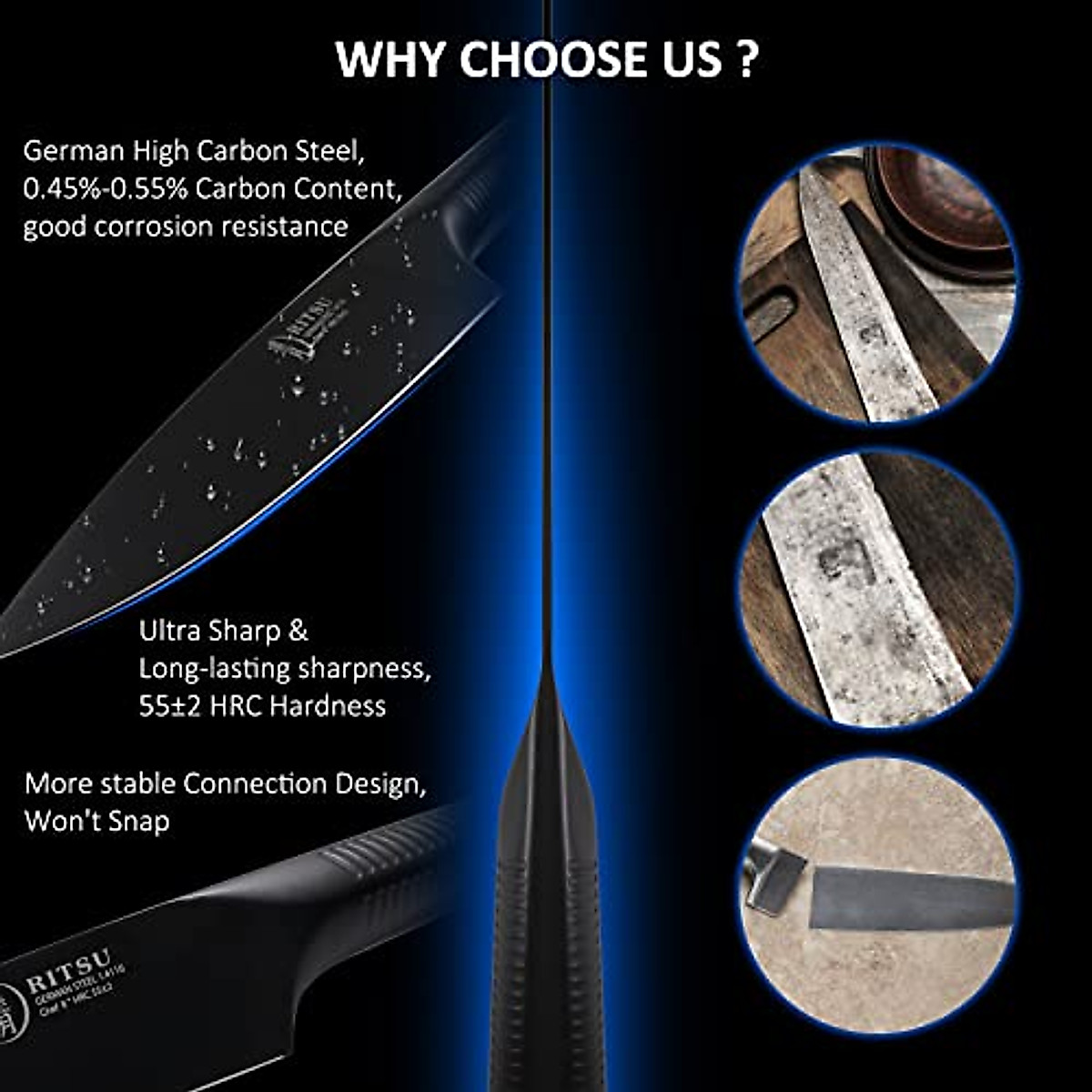 RITSU Chef Knife - 8" Chef's Knife, Black Titanium Coated Blade Japanese Chef Knife for Home Kitchen Restaurant, SUS430 Stainless Steel Handle, Ultra Sharp Kitchen Knife with Sheath