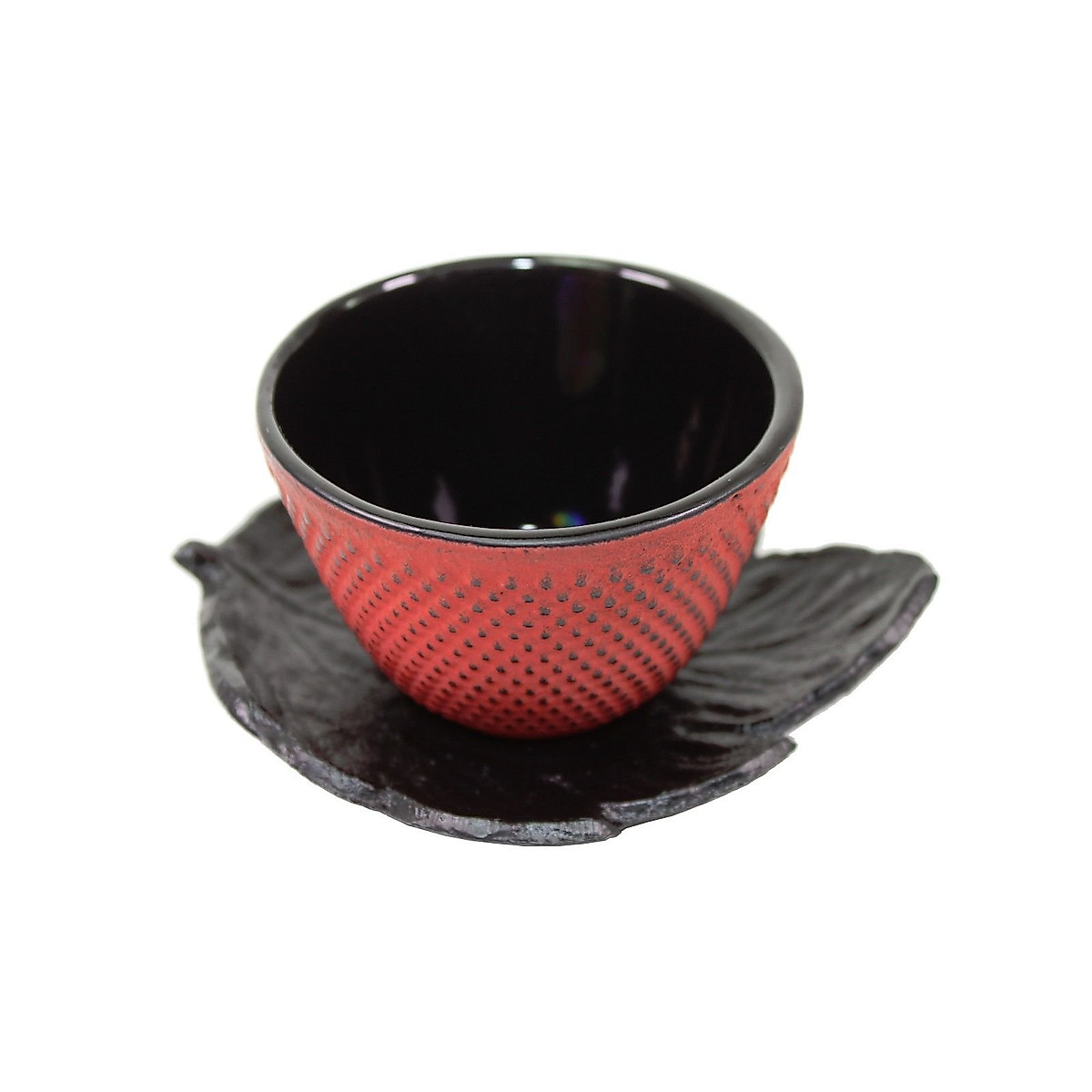 2 Sado Black Leaf Teacup Saucer+2 Red Polka Dot Hobnail Japanese Cast Iron Tea Cup Teacup