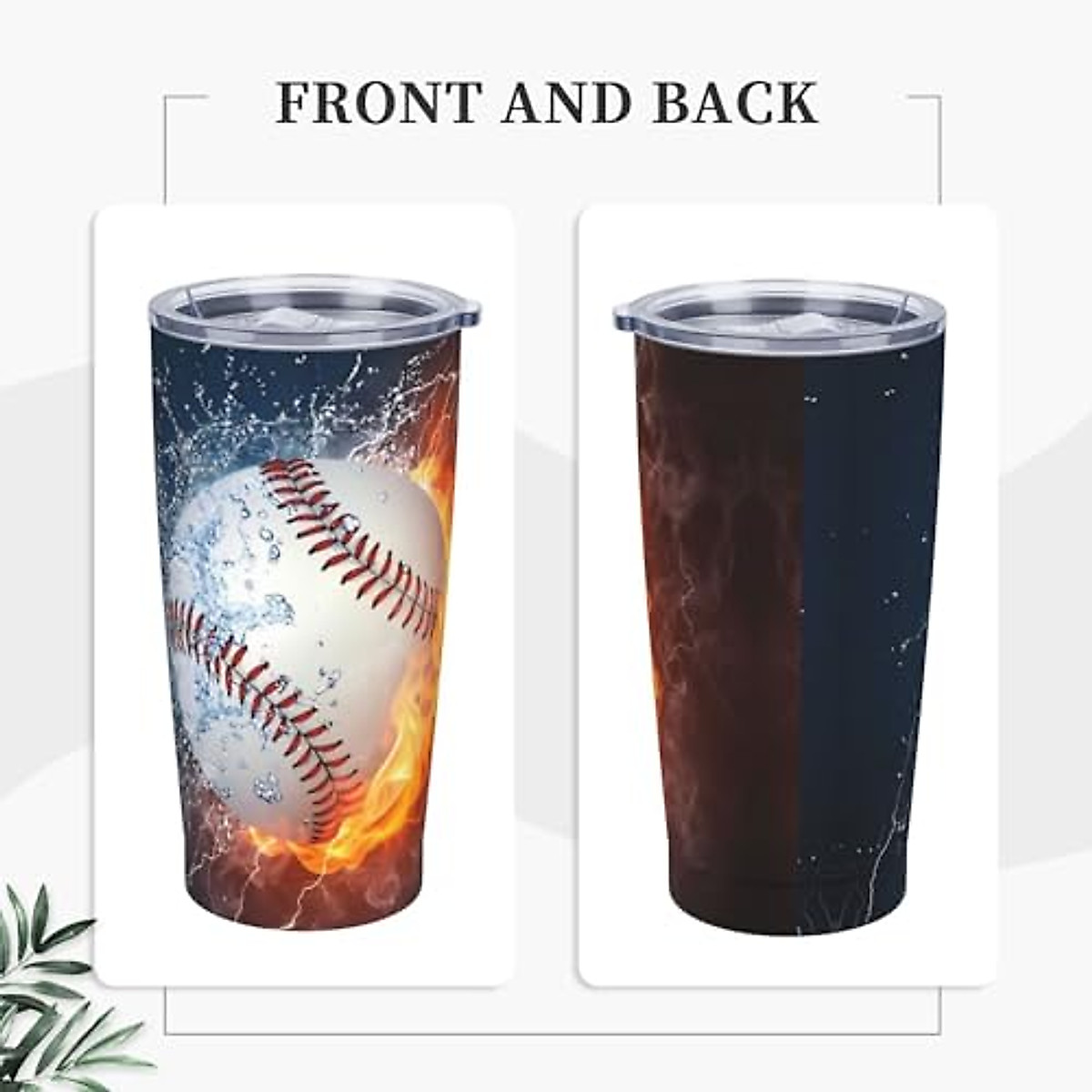 IYERSKD 3D Print Baseball White Ball in Fire and Water 20 oz Stainless Steel Tumbler Vacuum Insulated Leakproof Travel Mug for Car Office Gym