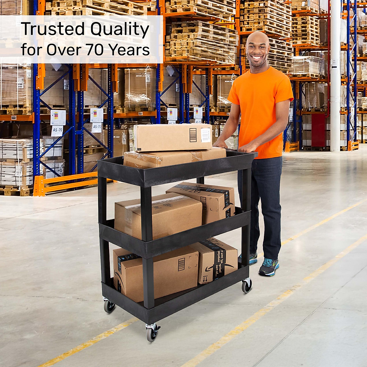 Stand Steady Tubstr 3 Shelf Utility Cart | Heavy Duty Service Cart Supports Up to 400 lbs | Tub Cart with Deep Shelves | Great for Warehouse, Garage, Cleaning, Office & More (32 x 18 / Black)