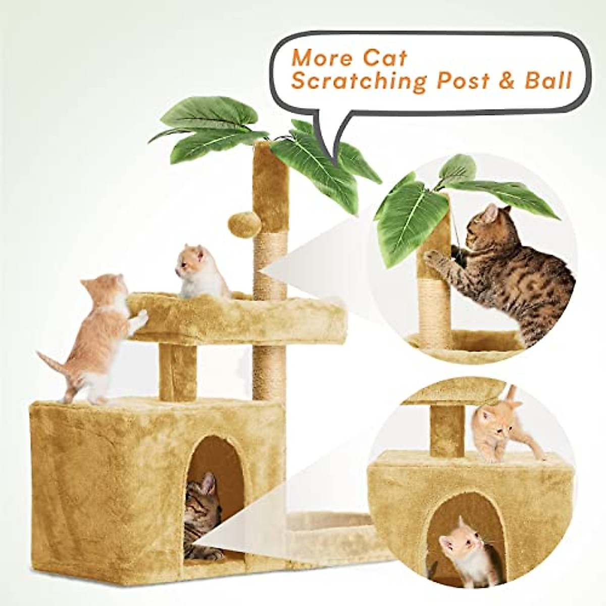 TSCOMON 31.5" Cat Tree Cat Tower for Indoor Cats with Green Leaves, Cat Condo Cozy Plush Cat House with Hang Ball and Leaf Shape Design, Cat Furniture Pet House with Cat Scratching Posts, Beige