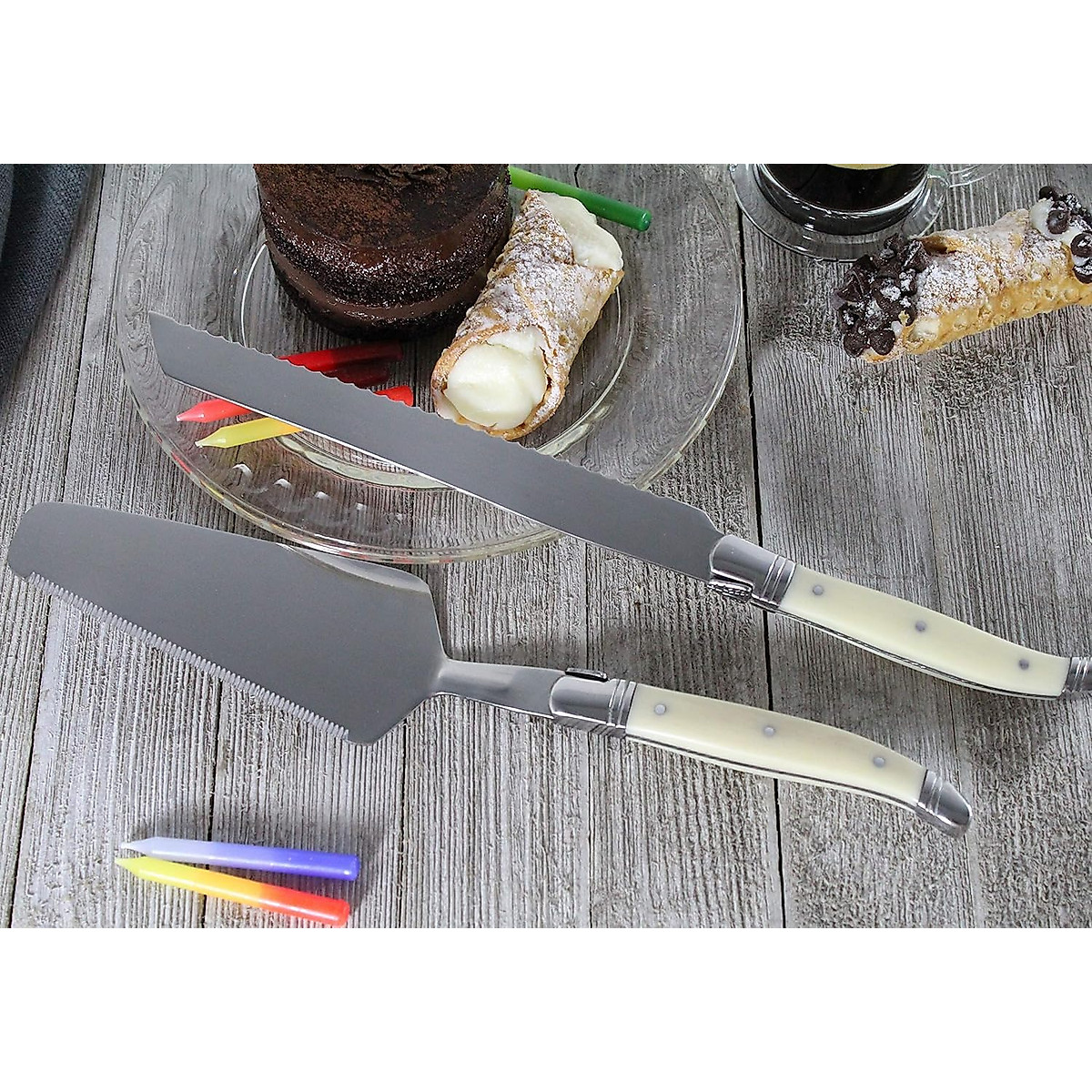 French Home Laguiole 2-Piece Cake Knife and Server Set – Luxurious Stainless Steel Cake Cutter & Server – Cake Cutting Set – Party, Home Dining, or Wedding Cake Knife and Server Set (Faux Ivory)