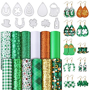 Weewooday 22 Pieces St. Patrick's Day Faux Leather Sheets and Earring Cutting Dies Shamrock Teardrop Hat Earring Die Cutting Glitter Leather Fabric for St. Patrick's Day DIY Earrings Hair Bow Craft