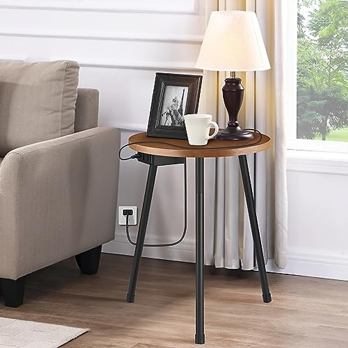 KINNARY End Table with Charging Station, Round Side Table with USB Port & Outlet, Adjustable Height Metal Leg, Small Nightstand Table for Living Room Bedroom, 12.8''D x 20''H, Walnut Wood