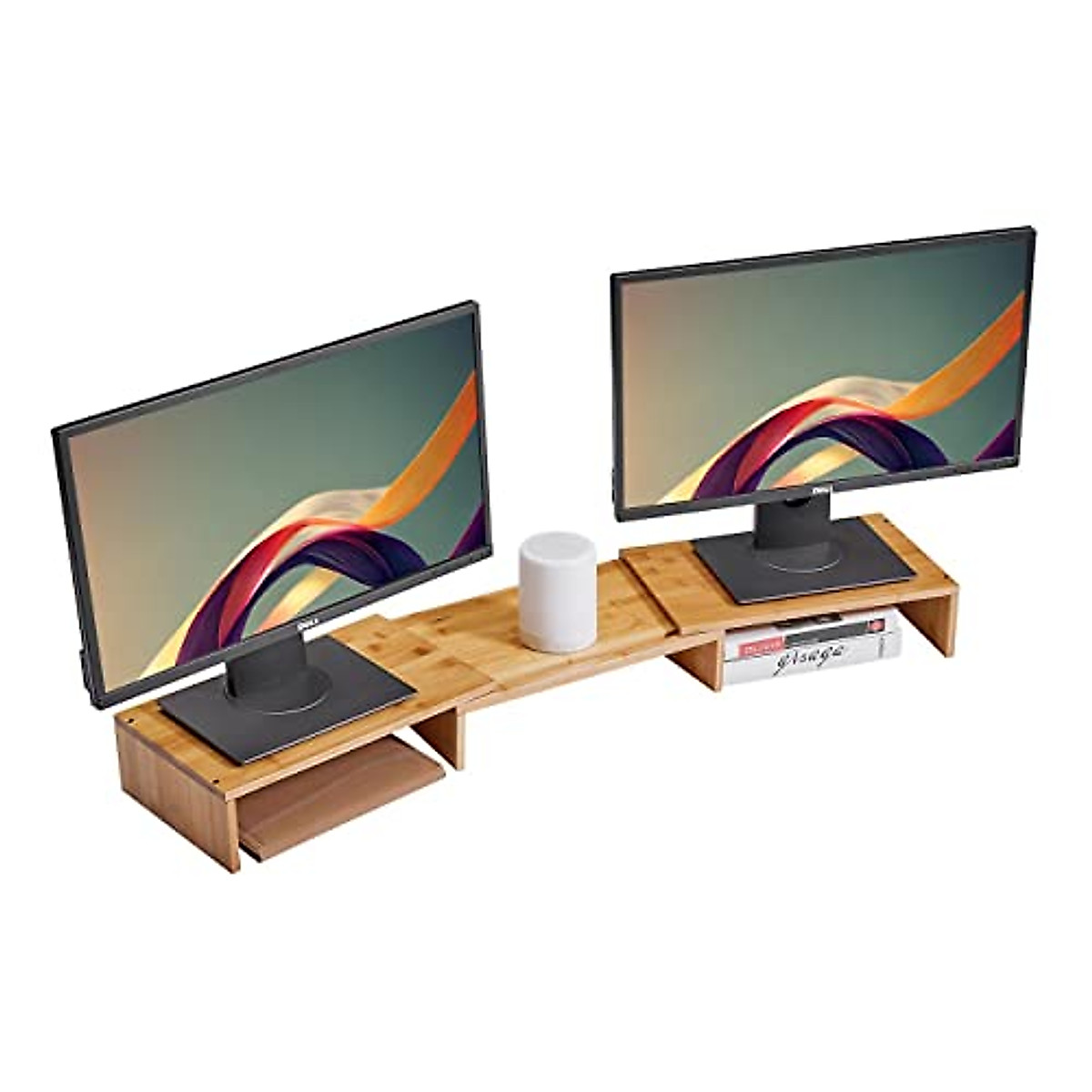 Dual Monitor Stand Riser,3 Shelf Screen Stand with Adjustable Length and Angle,Desktop Stand Storage Organizer for Laptop Computer, TV, PC, Printer, Multi Media Speaker-Bamboo Burlywood by HUVIBE