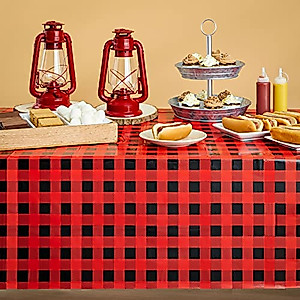 BLUE PANDA 3 Pack Buffalo Plaid Plastic Tablecloth for Lumberjack Birthday Party Decorations, Disposable Red and Black Table Cover (54 x 108 in)