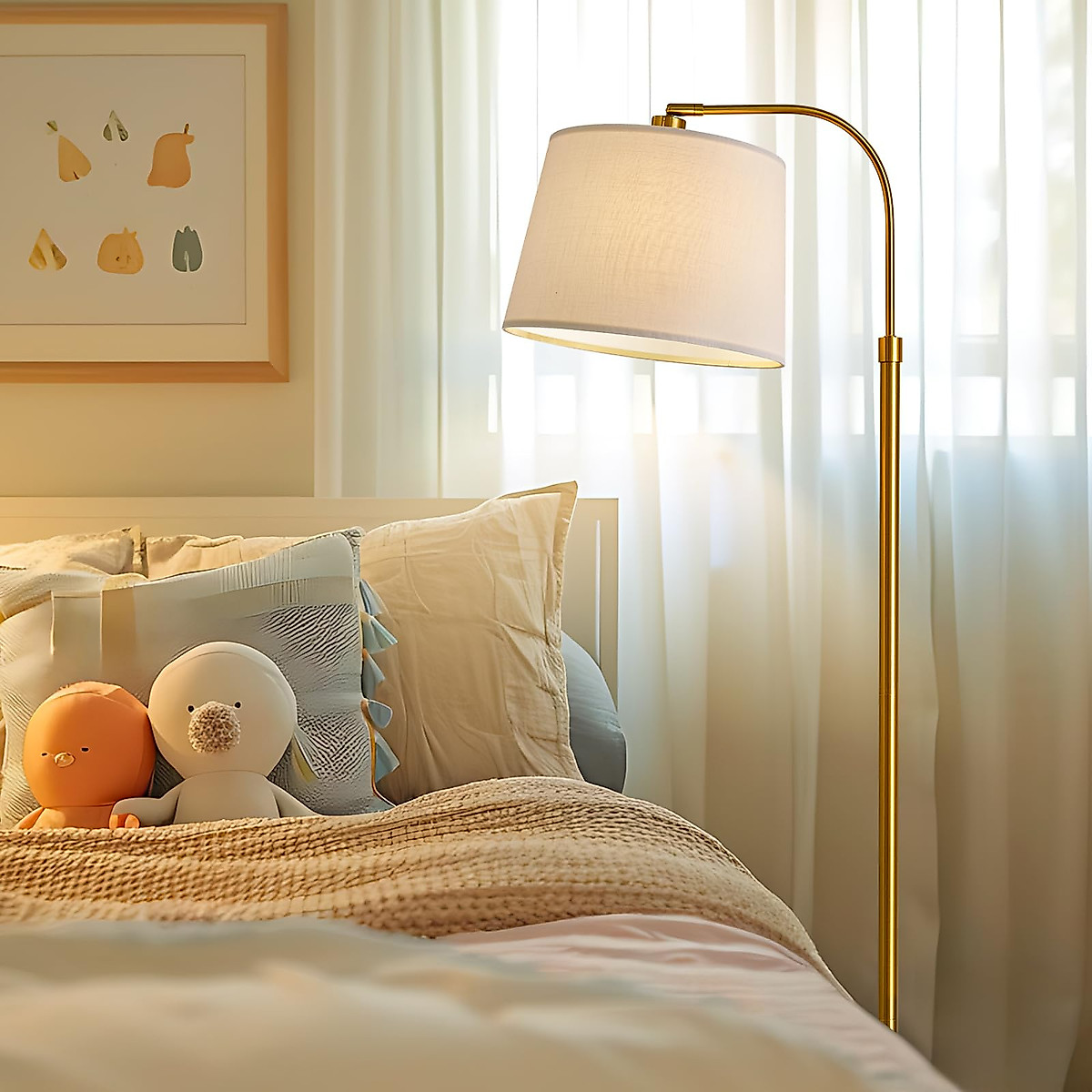 Oneach Modern Floor Lamp for Living Rooms LED Contemporary Arc Standing Lamps for Bedrooms Accent Tall Pole Gold Light for Reading with Hanging Lamp Shade Antique Brass