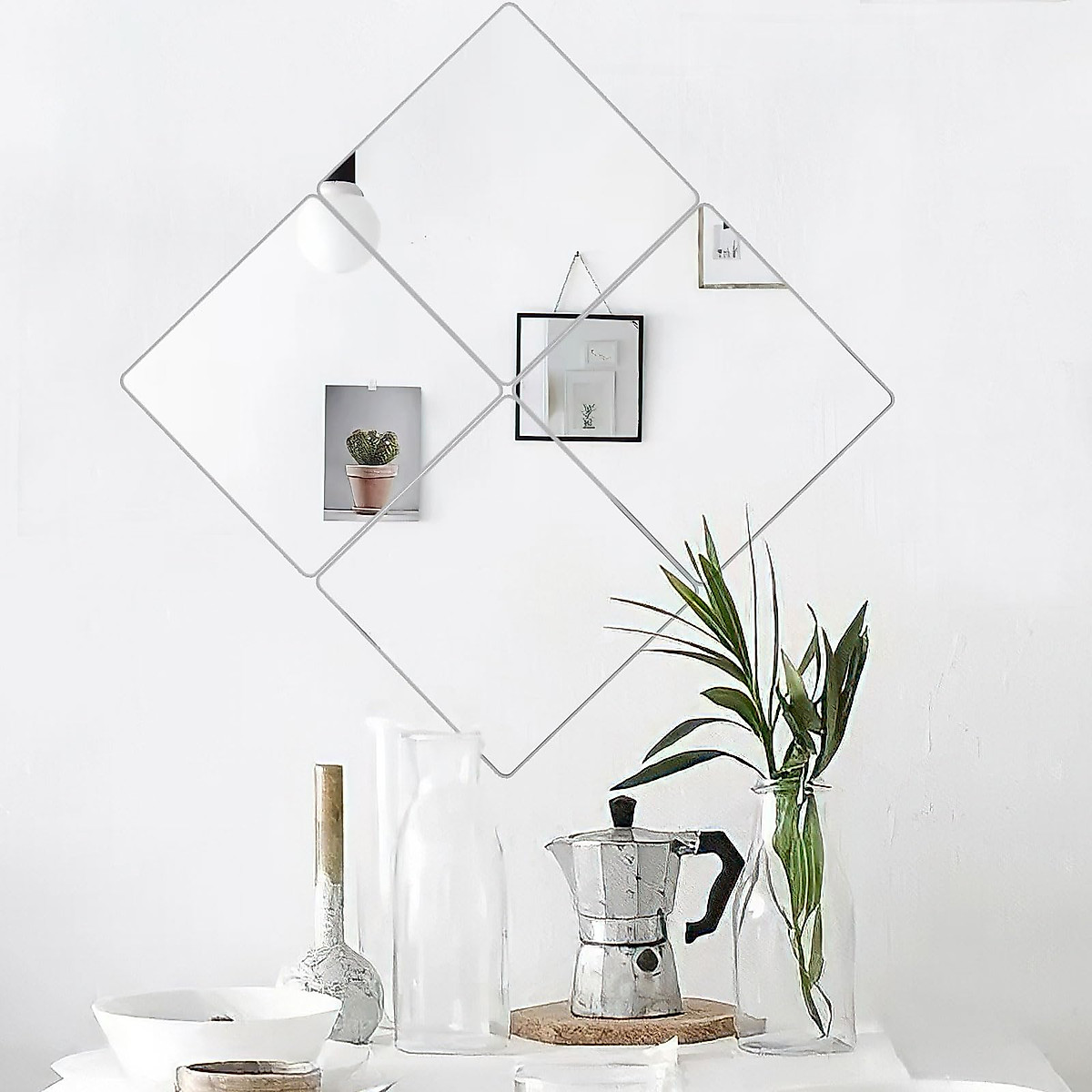 JUNEBRUSHS 4 Pack Self Adhesive Acrylic Mirror, 12X 12 Inch Mirror Tiles,Flexible Plastic Mirror Sheets Wall Stickers,2MM Thick Mirror,Frameless Small Mirror