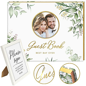 Wedding Guest Book with Photo Frame - Elegant Flower Design Hardcover with Golden Edges Wedding Guest Book - 120 Pages for Wedding Reception, Bridal Shower, and Special Events