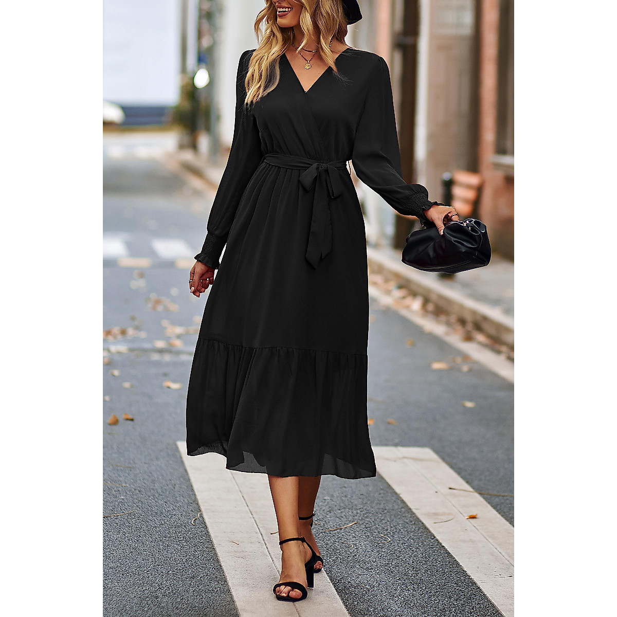 PRETTYGARDEN Women's Floral Print Boho Dress Long Sleeve Wrap V Neck Ruffle Belted A-Line Flowy Maxi Dresses (Solid Black,Large)