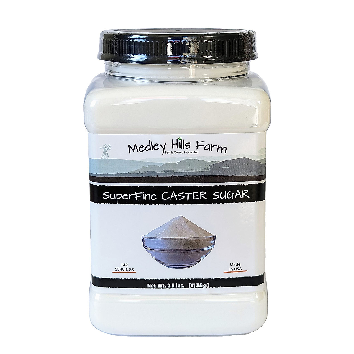Superfine Caster Sugar By Medley Hills Farm in Reusable Container 2.5 lbs. - superfine sugar for baking of homemade treats, icing sugar, cakes - Product of USA
