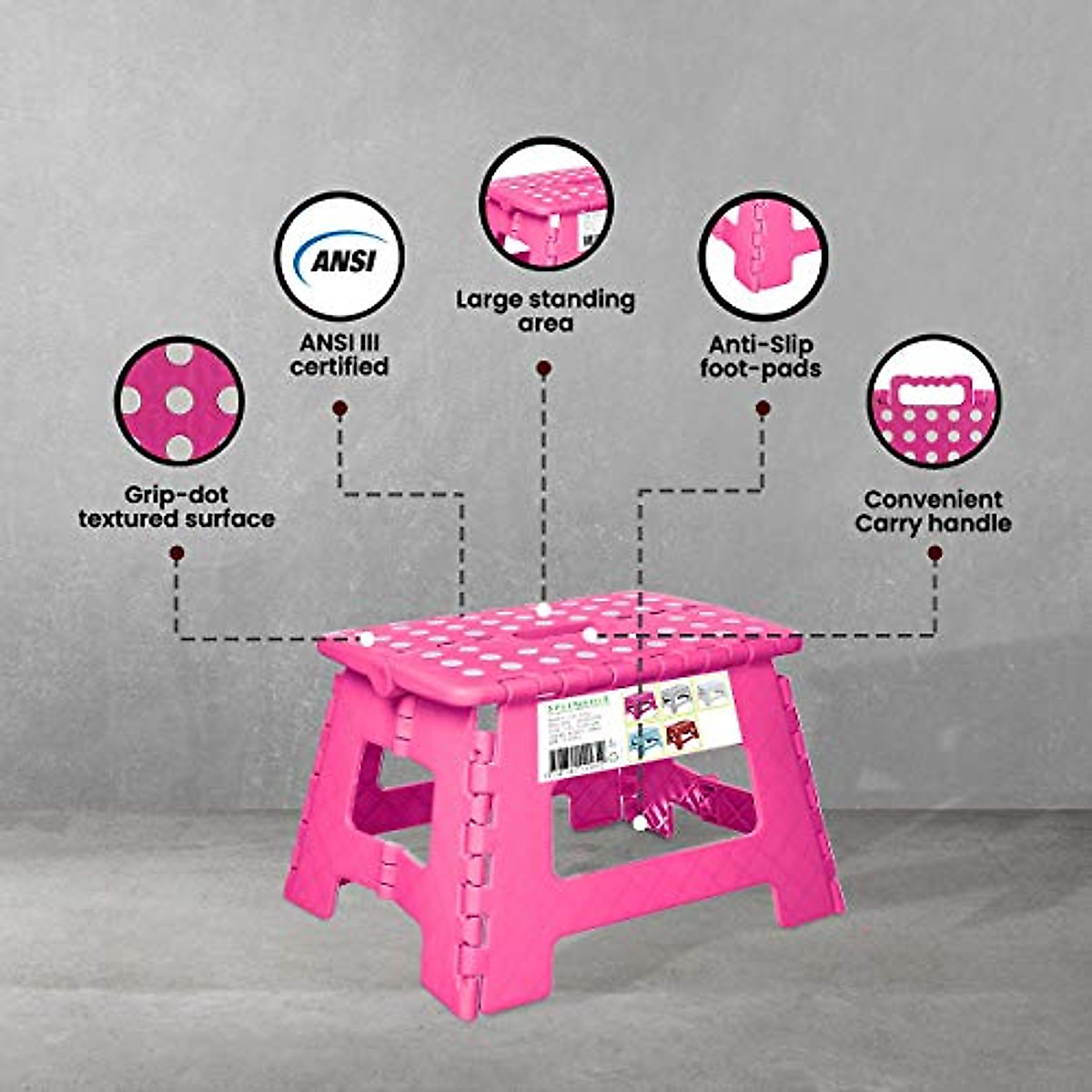 SPLENDOLE Folding Step Stool - 9-Inch Non-Slip Foot Stool for Kitchen, Bathroom, Living Room - Compact and Lightweight Stool Chair with 250-Lb Maximum Weight Capacity Step Stools for Kids and Adults