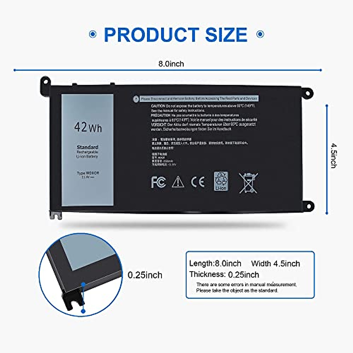 42WH WDX0R Battery for Dell Inspiron 15 5000 7000 5578 5565 5567 5568 5570 7579 7569 13 5378 5368 7375 7368 7378 17 5765 5767 5770 Latitude 3480 3580 3490 3590 Repalcement for P69G 3CRH3 CYMGM 11.4V