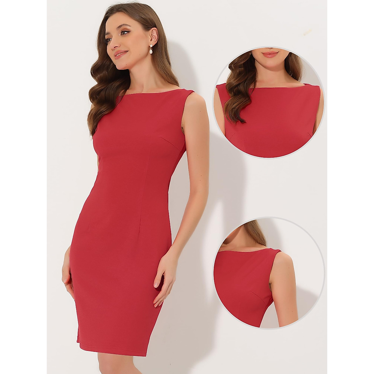 Allegra K Sleeveless Sheath Dress for Women's 2024 Boat Neck Teacher Casual Office Dresses X-Small Red