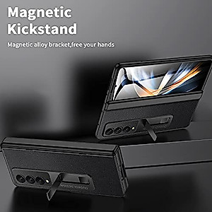 spoovcto for Samsung Galaxy Z-Fold-4 Case: Spring Hinge Protection & Kickstand Dual Layer Protective with Built-in Screen Protetctor Phone Case for Galaxy Z Fold 4 5G 2022 (Lychee Pattern-Black)