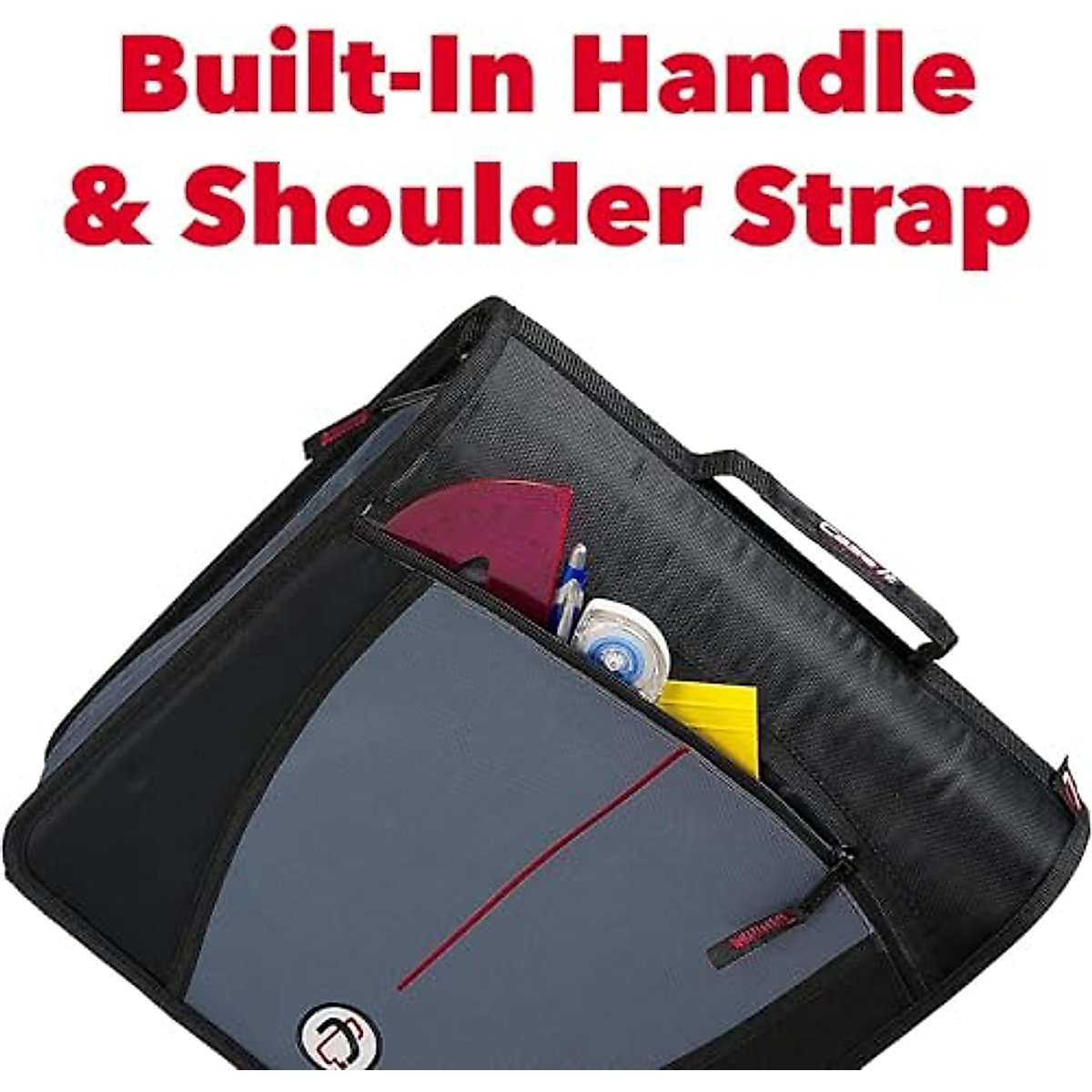 Case-it Mighty Zip Tab Zipper Binder, 3" O-Ring with 5-Color tabs, Expanding File Folder and Shoulder Strap and Handle, D-146-JBK Jet Black