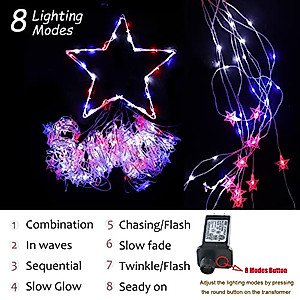 FunNite 4th of July Outdoor Star String Lights, 13ft 240 LED Red White and Blue Curtain Lights Patriotic Fairy Lights Waterproof for Independence Day Tree Yard Garden Wall Party Holiday Decor