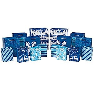 Image Arts Holiday Gift Bag Assortment (Pack of 16) Blue and White Stripes, Snowflakes, Reindeer, Winter Scenes