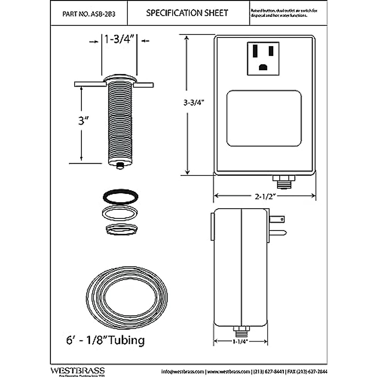 Westbrass ASB-07 Sink Top Waste Disposal Air Switch and Single Outlet Control Box, Flush Button, 1-Pack, Satin Nickel