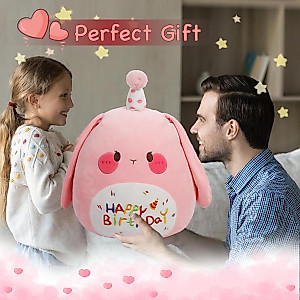 ARELUX Large 18in Cute Bunny Cuddle Plush Soft Bunny Stuffed Animal Birthday Pillow Kids Huggable Rabbit Plushie Toy Big Size Happy Birthday Party Decoration Plushies Gift for Friends Boys Girls Pink