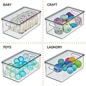 mDesign Plastic Pantry Storage Box Container with Lid and Built-In Handles - Organization for Flour, Cereal, Pasta, Rice, or Food in Kitchen Cupboard, Ligne Collection, 4 Pack, Clear/Smoke Gray