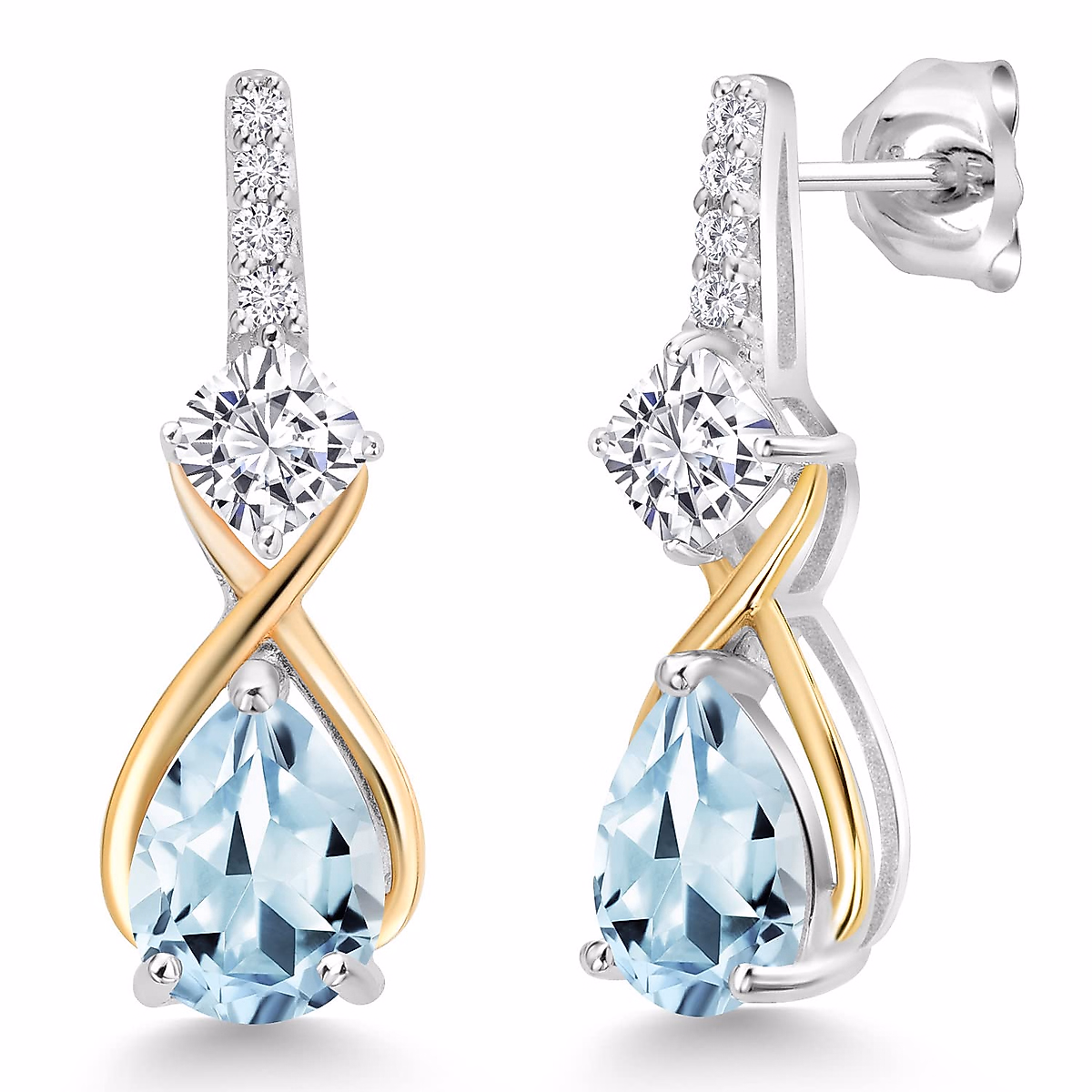 Gem Stone King 925 Sterling Silver and 10K Yellow Gold Pear Shape Sky Blue Aquamarine White Moissanite and White Lab Grown Diamond Dangle Earrings For Women (2.50 Cttw, Pear Shape 8X6MM)