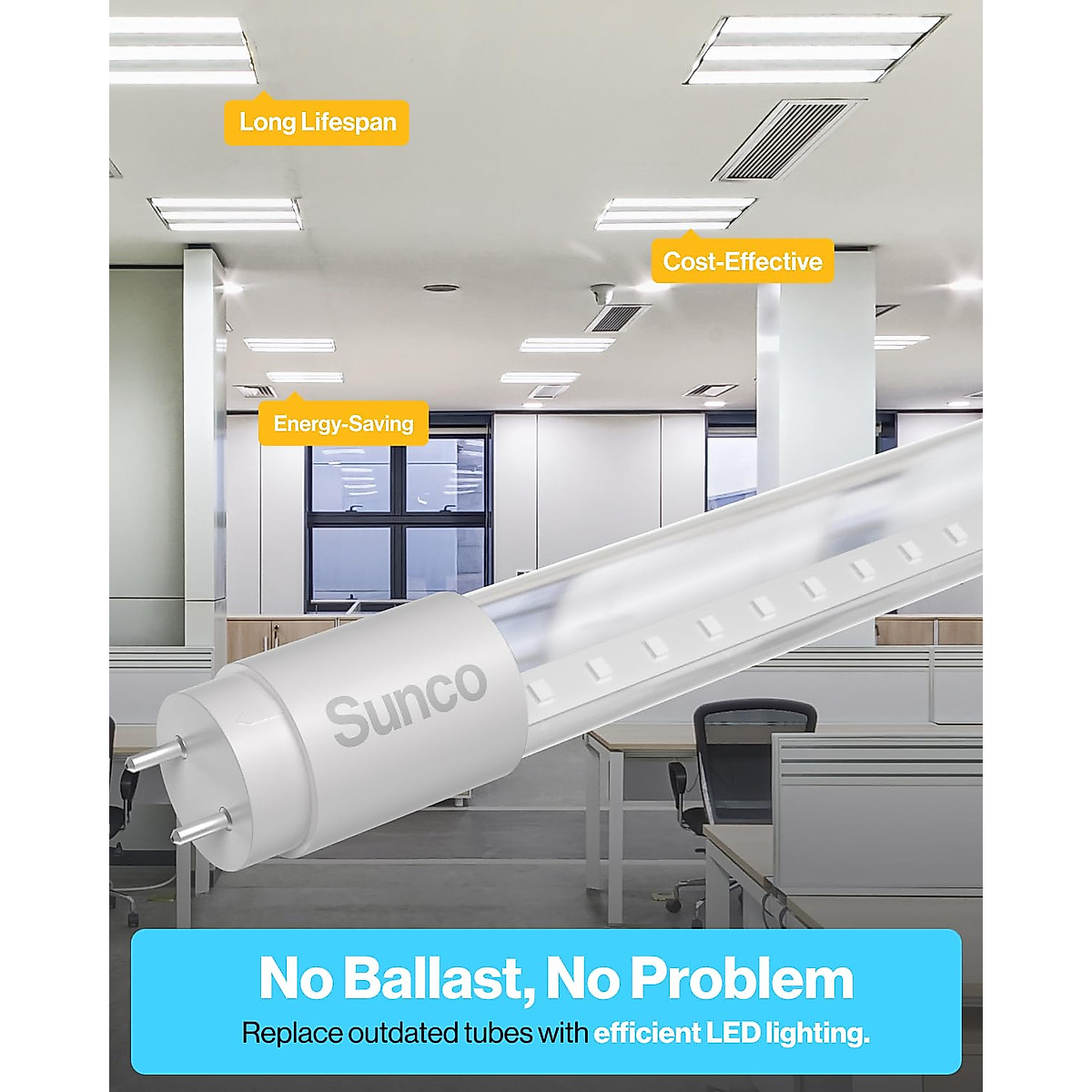 Sunco 50 Pack T8 LED Tubes 4FT Fluorescent Replacement, 48 Inch, 18W, 2200LM, 5000K Daylight, Single Ended Power, Clear Lens UL