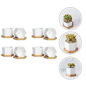 Yardwe 4 Sets Succulents Table Hexagon Plant Containers with Arrangement Balcony Ceramic Center Planter Saucer Pot Desktop Gardening Bonsai Bamboo Pots Decorative Decoration Hole Tray
