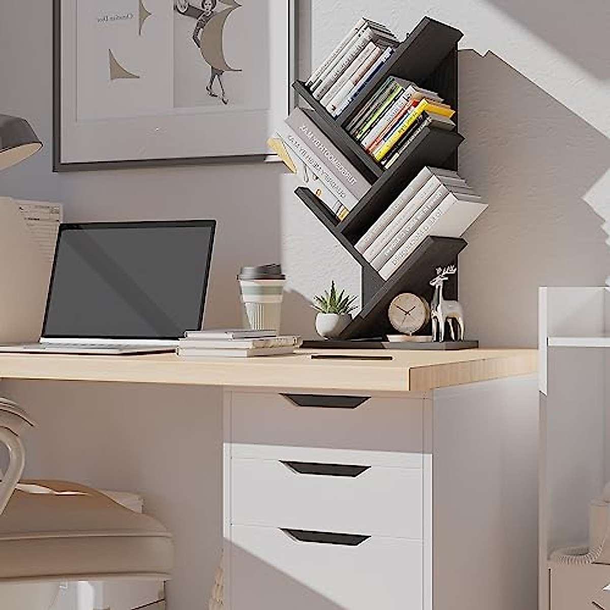 YMYNY 4 Tiers Tree Bookshelf, Floor Standing Bookcase, Wooden Book Storage Organizer, Small Bookshelf for Bedroom, Living Room, Office, Display Rack for CDs/Magazine/Books, Black, 23.6" H, UHBC014B