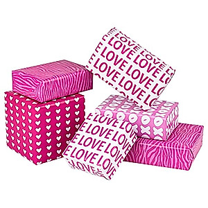 LeZakaa Pink Wrapping Paper Sheet - Folded Flat - Heart/XO/LOVE/Tiger Skin for Valentine's Day, Birthday - 19.6"x 27.5" x 12 Sheets (45.2 sq.ft.ttl.)