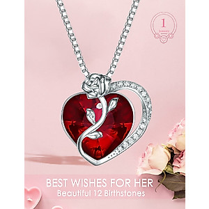 SILVERKITY 925 Sterling Silver Rose Flower Heart Birthstones Necklace for Women with Austria Crystal, Pendants Gifts, Anniversary Birthday Jewelry Gift for Wife Mom Daily Wear