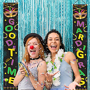Mardi Gras Porch Sign, Mardi Gras and Good Time Roll Welcome Sign Hanging Banner for Indoor Outdoor Masquerade Party Supplies