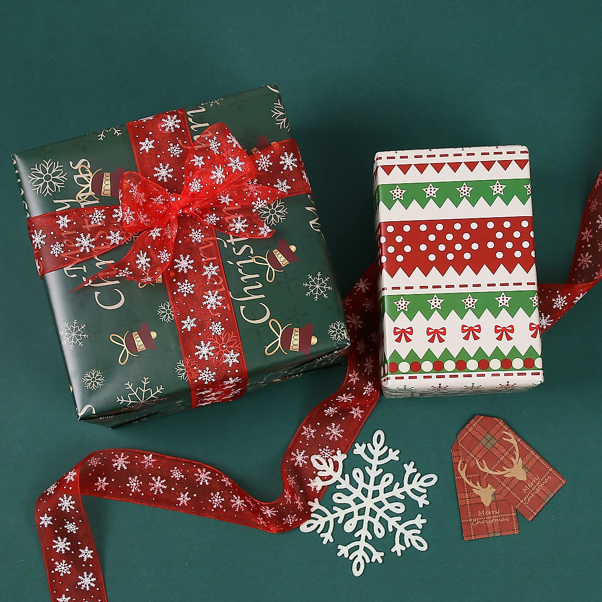 Aimyoo Vintage Red Green Christmas Wrapping Paper Jumbo Roll, Xmas Gift Wrap Paper 17 in x 32 ft, Snowflakes Bows Stars Dots Stripes Design