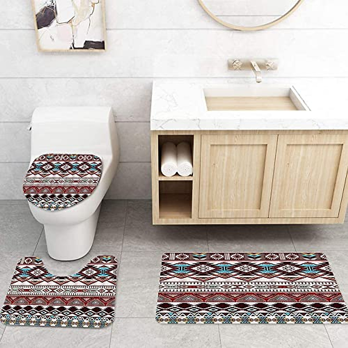 4 Pcs Shower Curtain Sets with Rugs Aztec American Southwestern Native Navajo Ethnic Tribal Vintage Boho Geometric Durable Shower Curtain Sets with 12 Hooks Waterproof Shower Curtain for Bathroom Set
