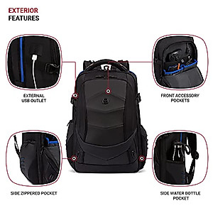 SwissGear Gaming Laptop Backpack with USB, Black/Blue, 19 Inch