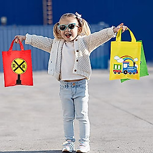 Sweetude 20 Pcs Reusable Mini Train Party Tote Bags 9.84 x 7.87 Inch Train Goodie Candy Favor Bags Train Birthday Party Supplies with Long Handles for Kids Birthday Baby Shower Decoration